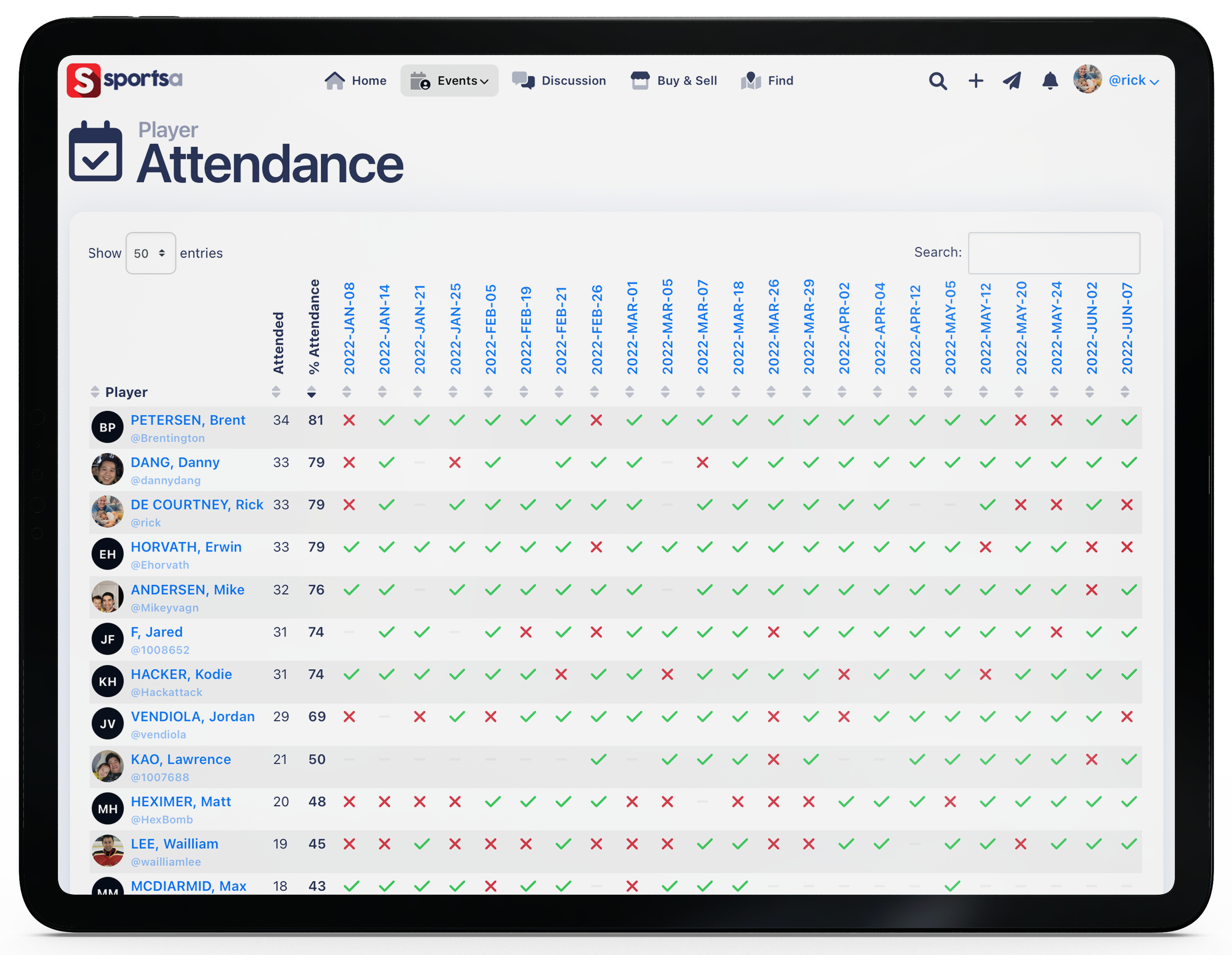 Attendance Reports · Features · Sportsa